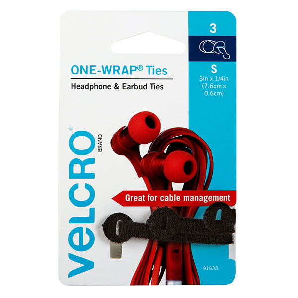 CMR - VELCRO® BRAND REUSABLE TIES SMALL HEADPHONE & EARBUD BLACK 3P