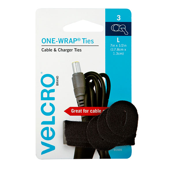 CMR - VELCRO® BRAND REUSABLE TIES LARGE CABLE & CHARGER BLACK 3PCS